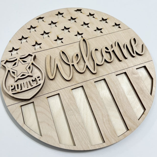 Welcome Police Department Police Officer Stars and Stripes Round Doorh ...