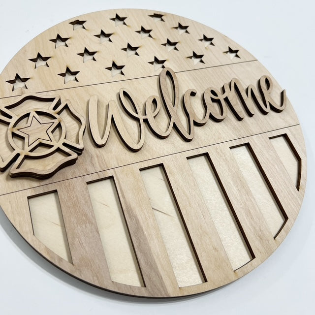 Welcome Fire Department Fire Fighter Stars and Stripes Round Doorhange ...