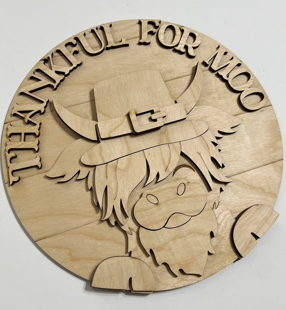 Thankful For Moo Pilgrim Highland Cow Thanksgiving Fall Round Doorhang ...