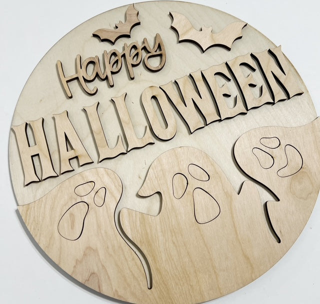 Happy Halloween Triple Spooky Scary Ghosts with Bats Round Doorhanger ...