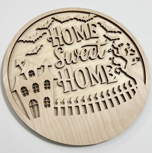 Home Sweet Home Haunted Spooky House Halloween Fence Bats Round Doorha ...