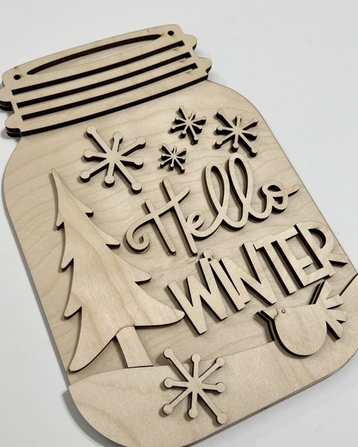 Hello Winter Pine Tree and Snowflakes Mason Jar Cutout Doorhanger ...
