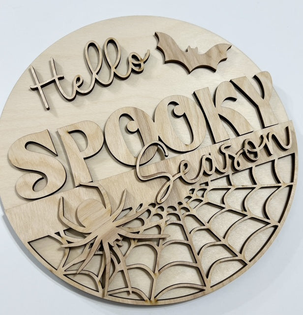 Hello Spooky Season Halloween Spider Web Bat Round Doorhanger – Sawdust ...