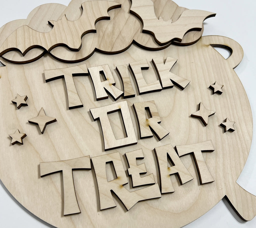 Trick or Treat Witches Cauldron with Bats Doorhanger – Sawdust & Swirls