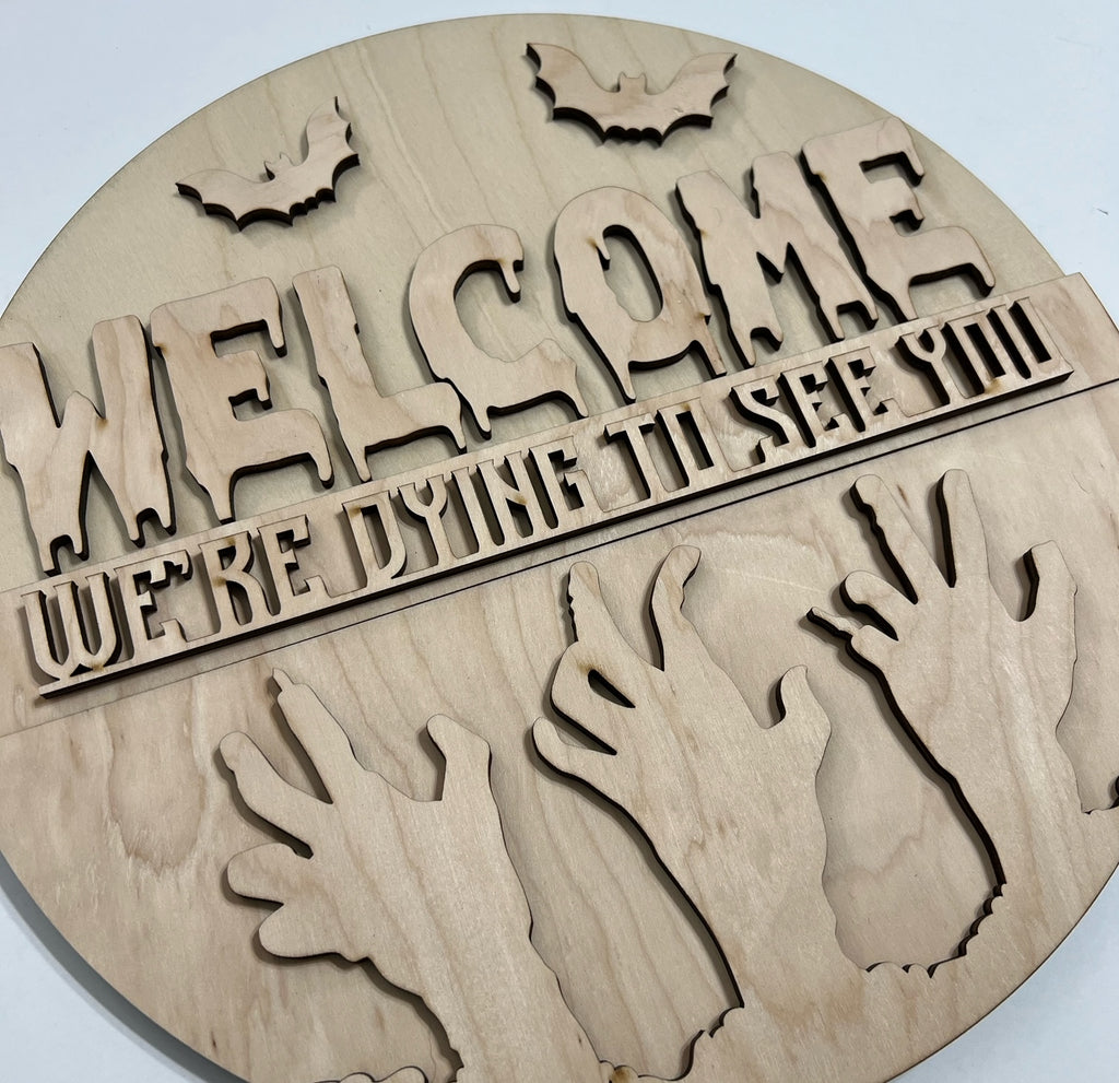 Welcome We're Dying To See You Halloween Spooky Zombies Bats Round Doo ...